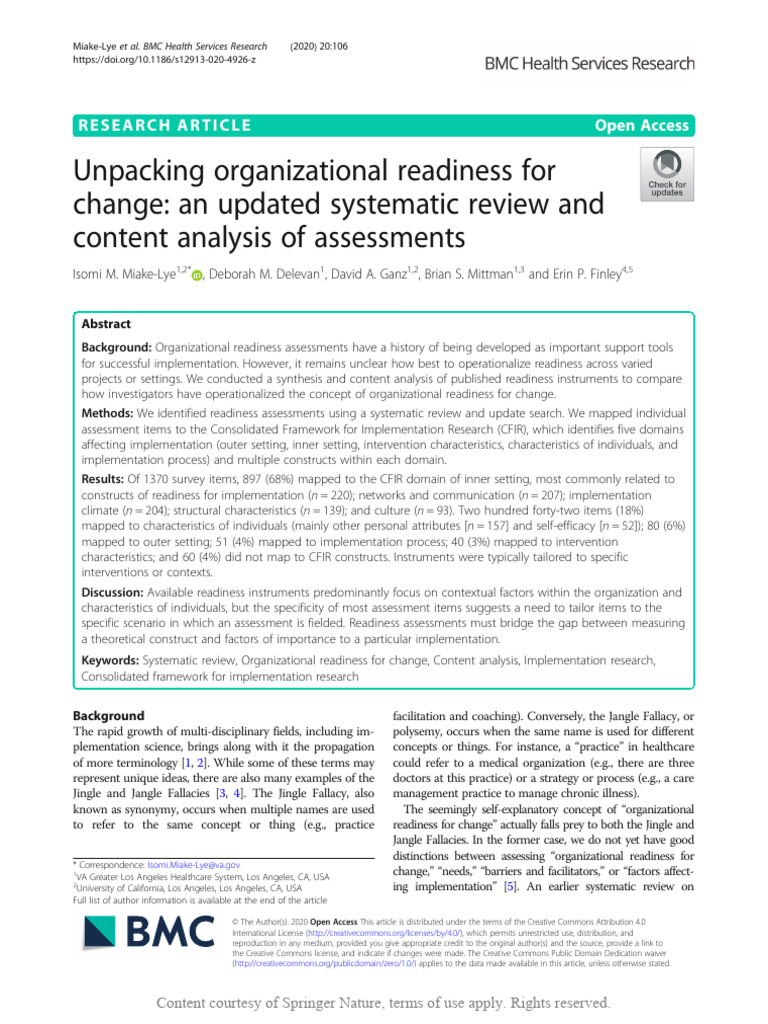 Unpacking Organizational Readiness For Change An U | PDF | Systematic Review | Health Care