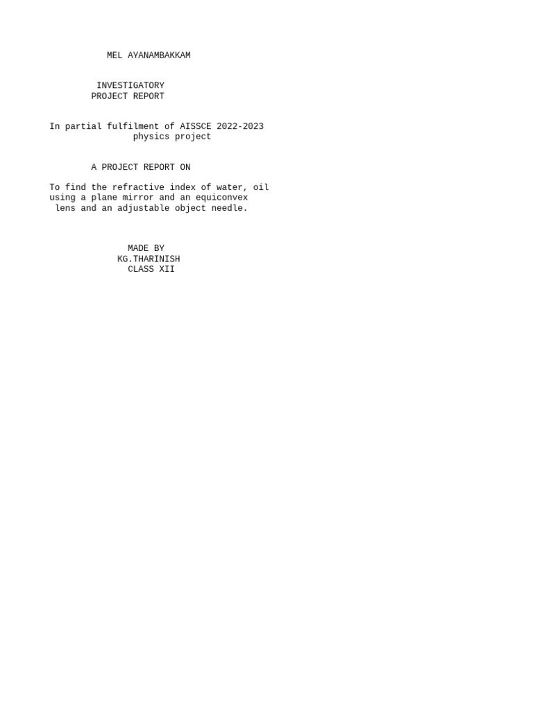 To Find The Refractive Index of Water Oil Using A Plane Mirror and A ...