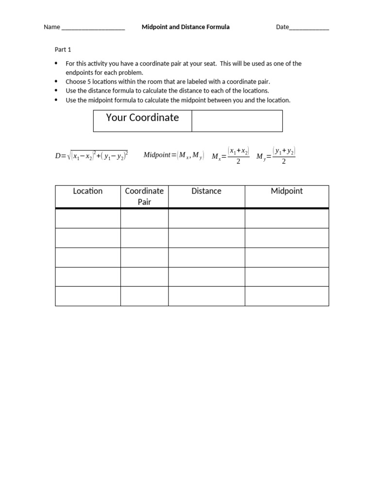 Your Coordinate: Location Coordinate Pair Distance Midpoint | PDF