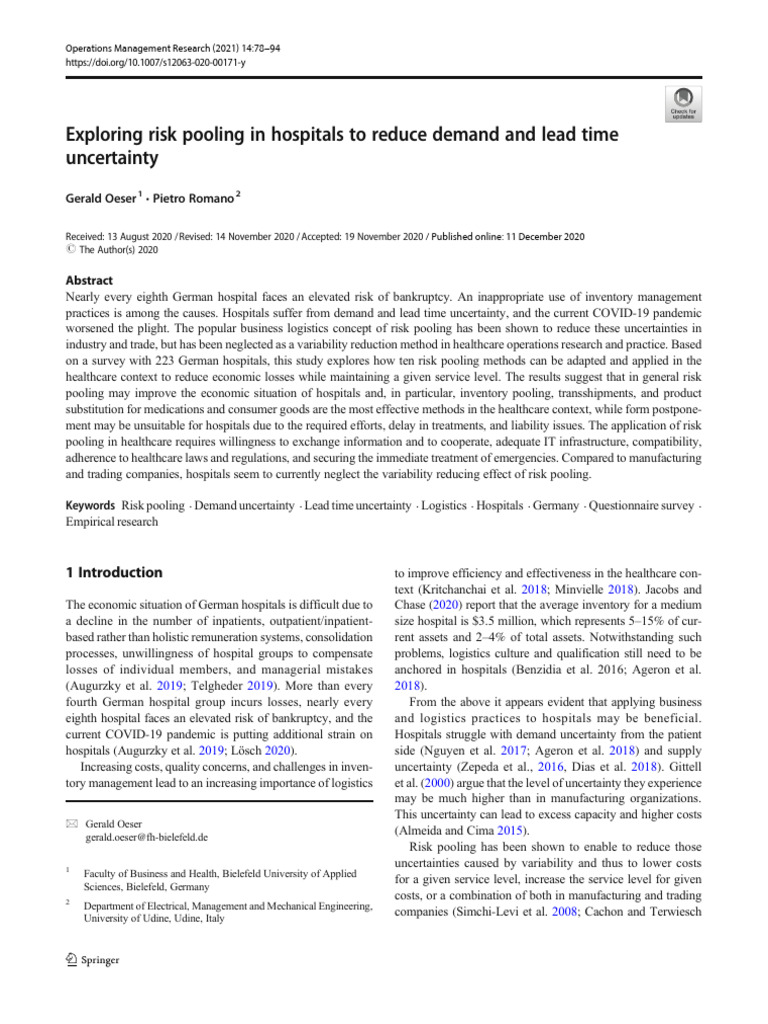 s12063-020-00171 - Risk Pooling Hospitals | PDF | Risk | Inventory