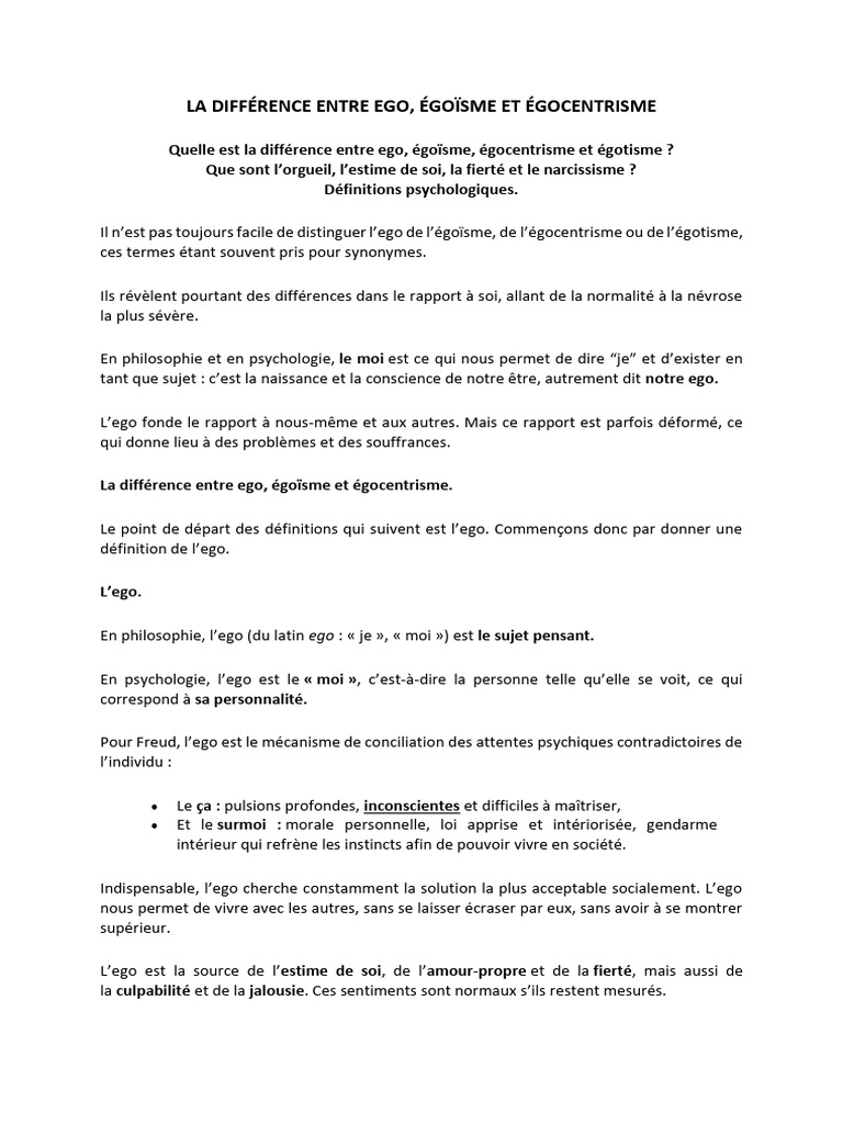 Différences entre ego et égoïsme | PDF | Narcissisme | Concept de soi