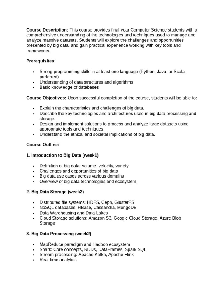 Big Data Technologies Course Outline | PDF | Apache Spark | Big Data