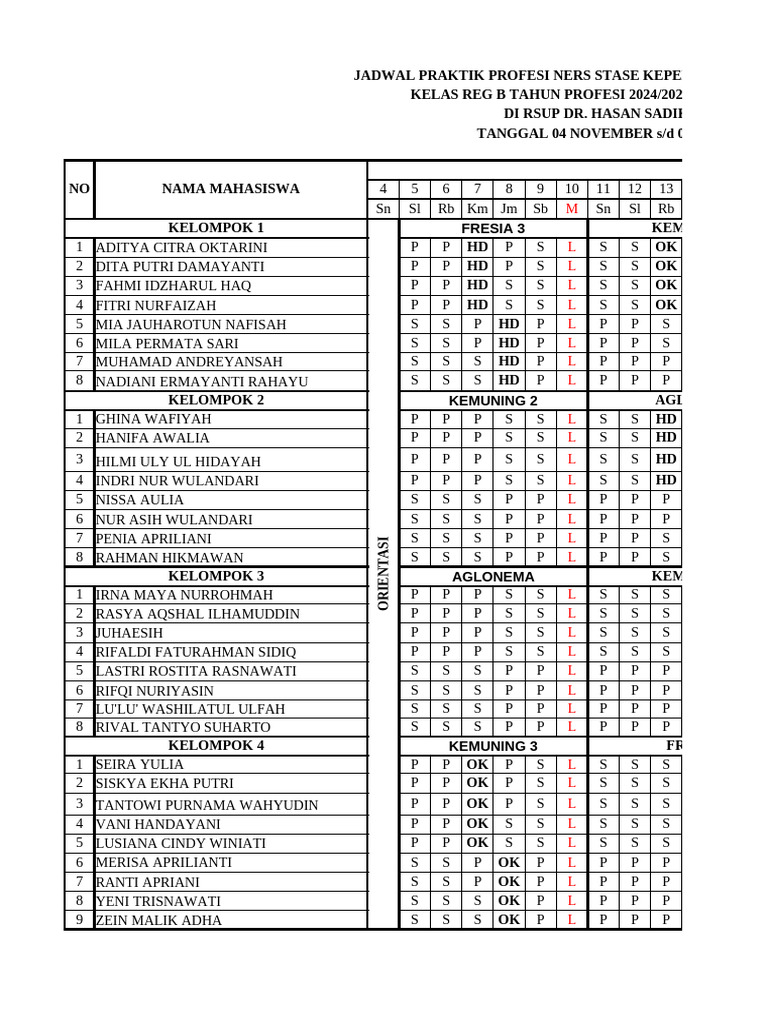 Jadwal KMB Ners Stikes DHB Reg B Nov 2024 | PDF