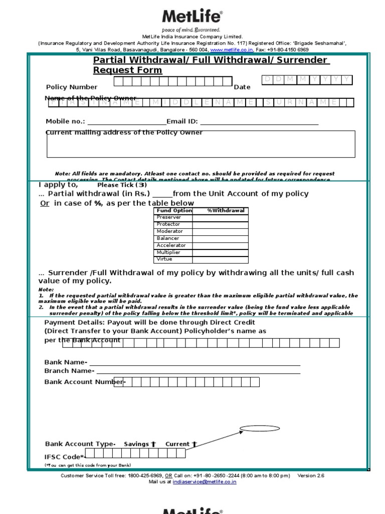 Partial Full Withdrawal Surrender Request Form Ver 2 6 | PDF | Cheque | Met Life