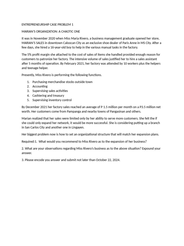 Entrepreneurship Case Problem 1 | PDF | Business