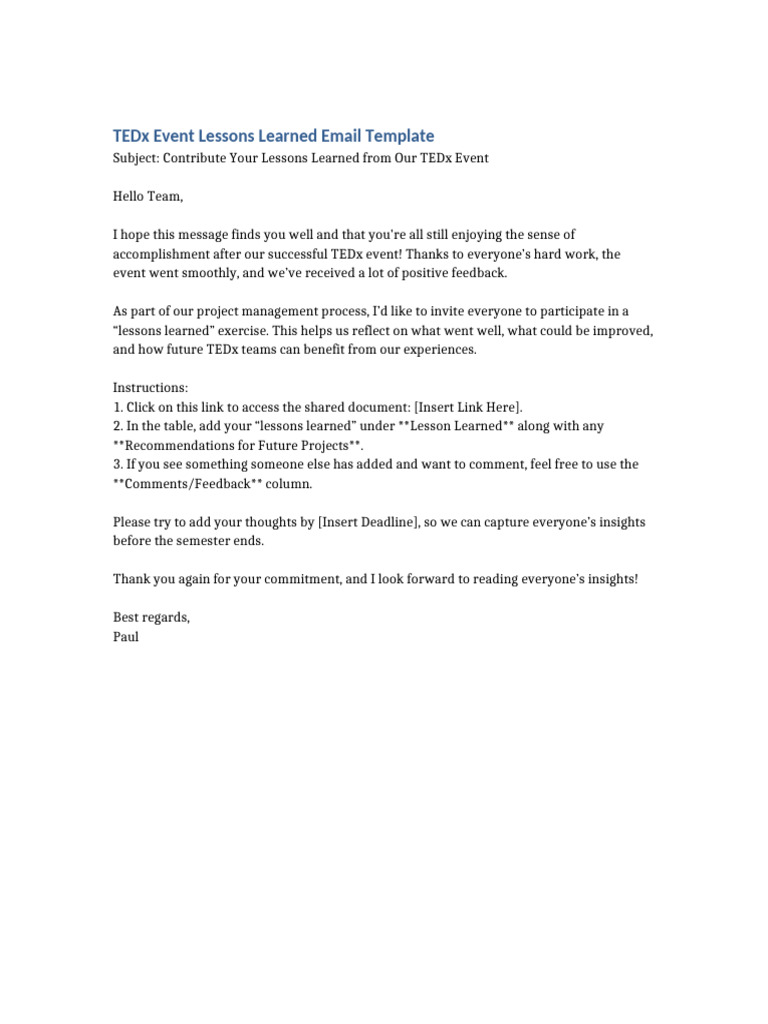 TEDx Lessons Learned Email Template | PDF | Career & Growth | Business