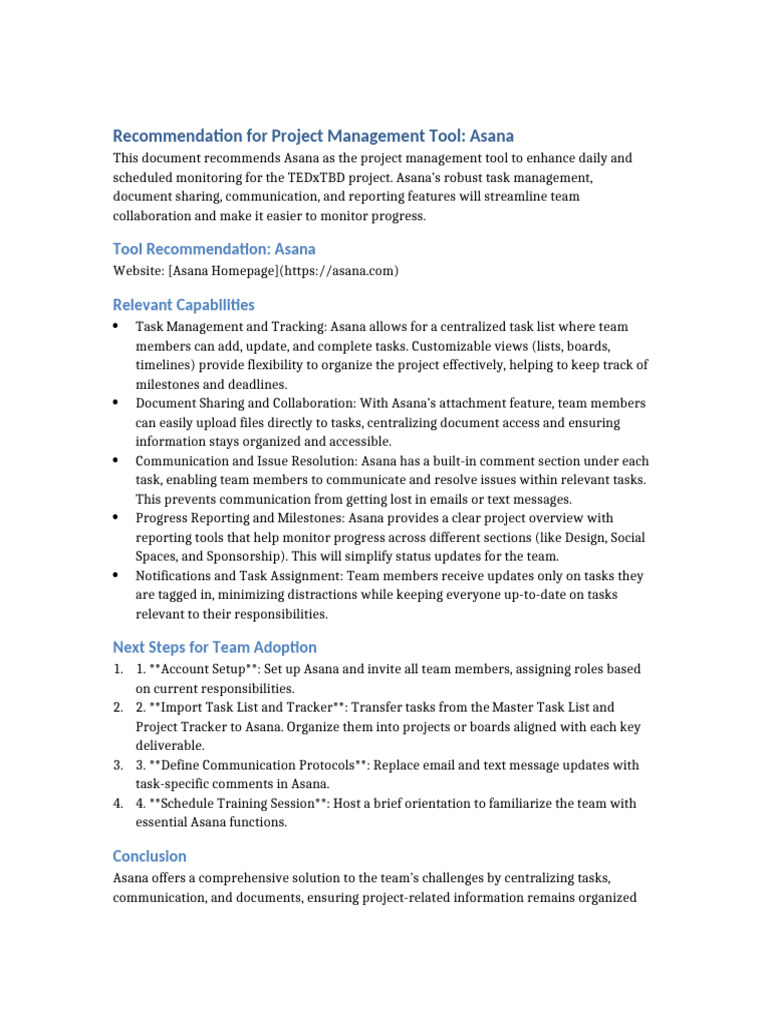 Asana Recommendation Document | PDF | Communication | Project Management