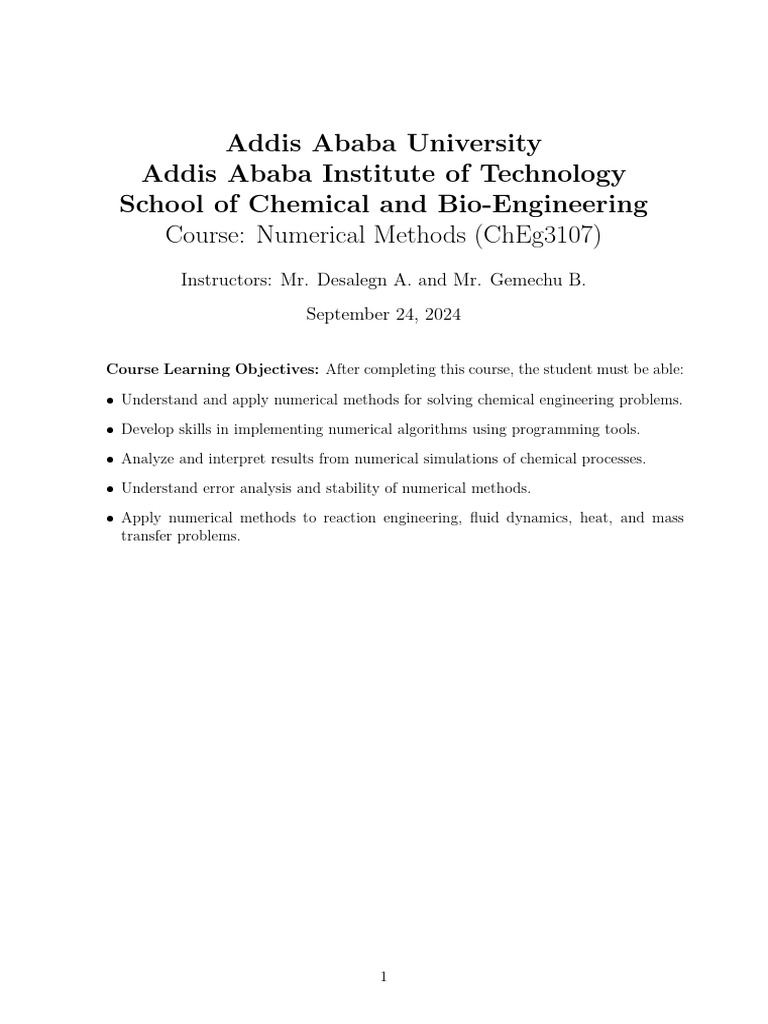 Numerical Methods Course Outline 2024-25 Chemical | PDF | Numerical Analysis | Algorithms And ...