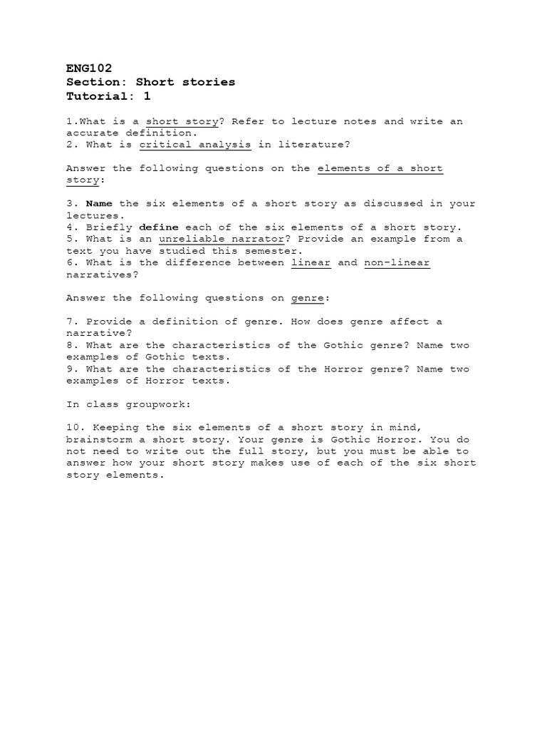 Short Stories Tutorial 1 | PDF