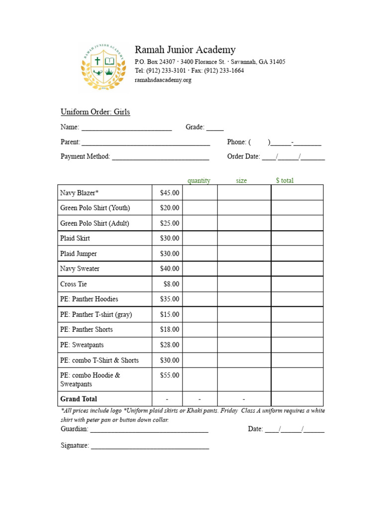 Ramah Junior Academy Uniform Order Form | PDF | Sweater | Dress Codes