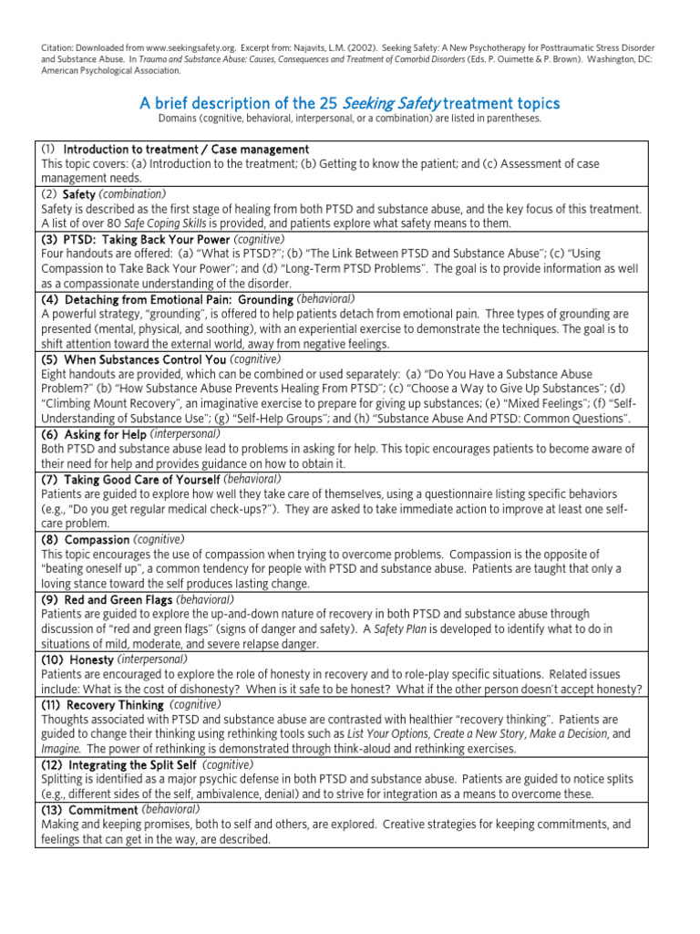 25 Seeking Safety Topics | PDF | Substance Abuse | Psychological Trauma