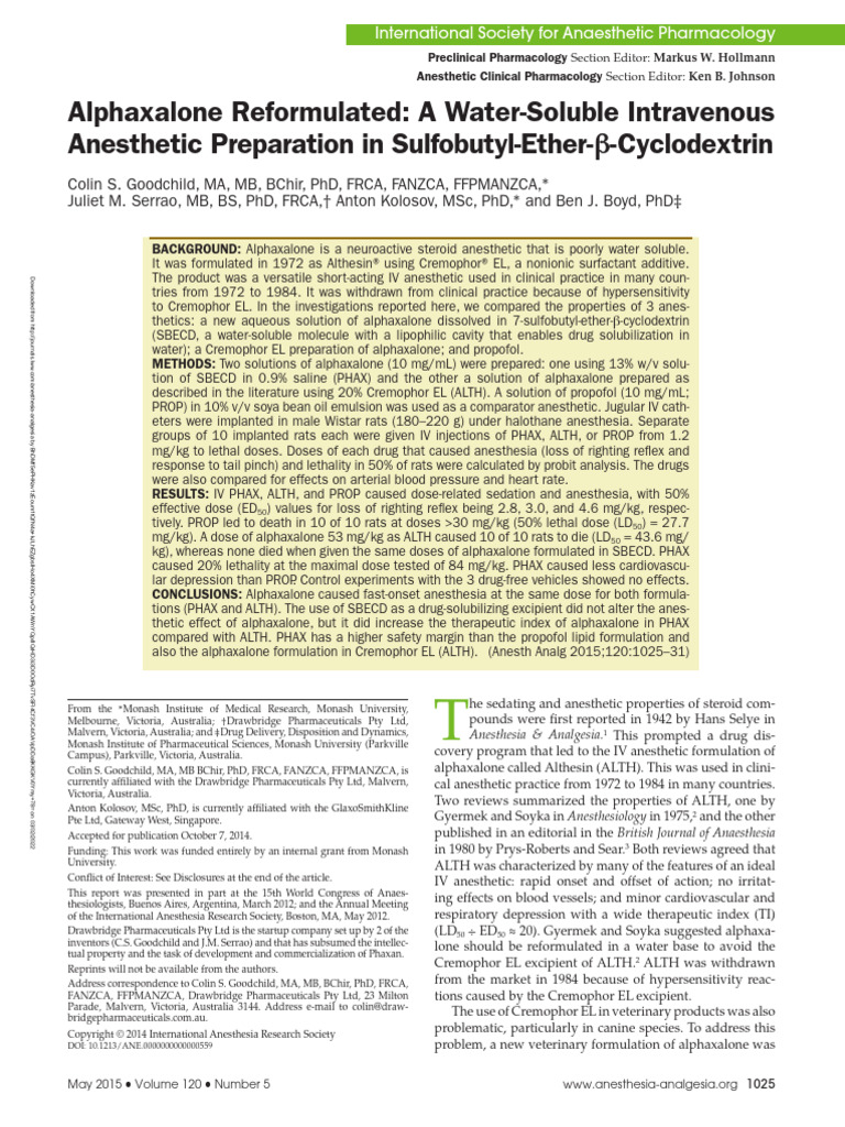 Alphaxalone Reformulated A Water Soluble.19 | PDF | Blood Pressure ...