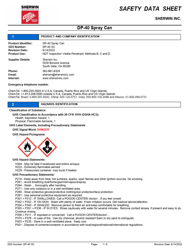 DP-40 Spray Can Safety Data Sheet | PDF | Liquids | Chemistry