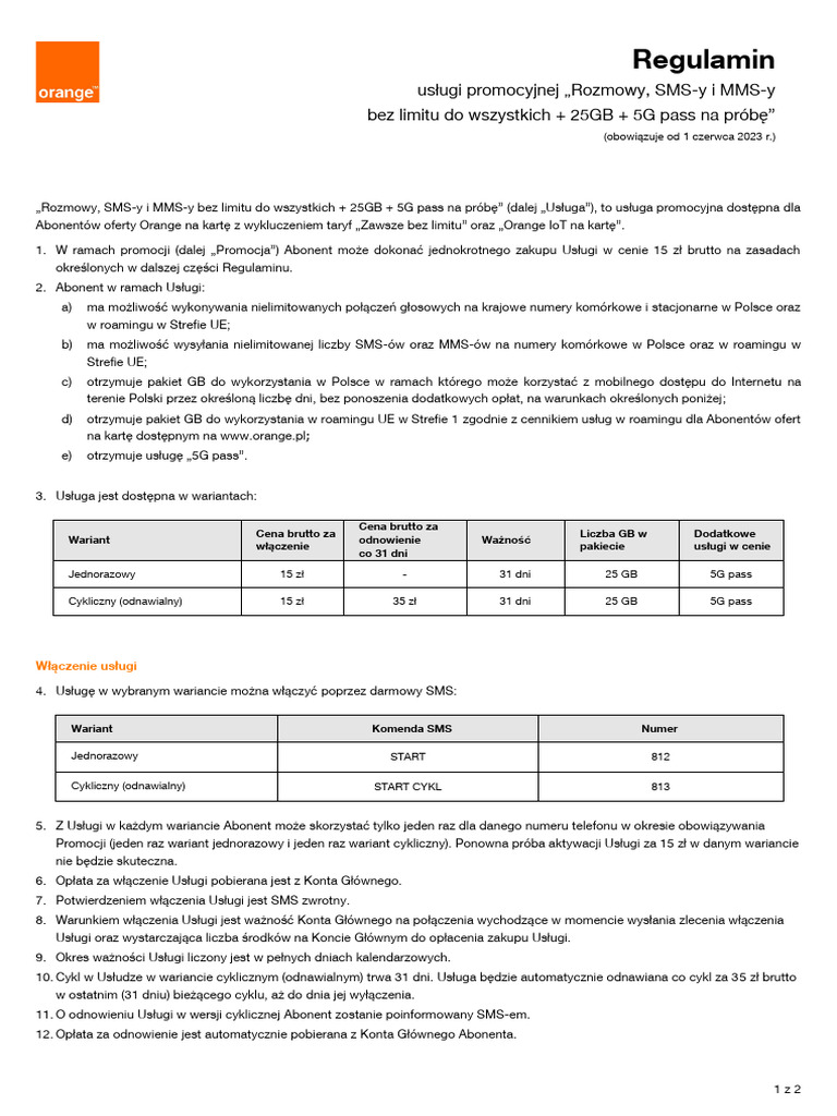 Regulamin Promocji Rozmowy, SMSy I MMSy Bez Limitu Do Wszystkich + 25 GB + 5G Pass Na Probe | PDF