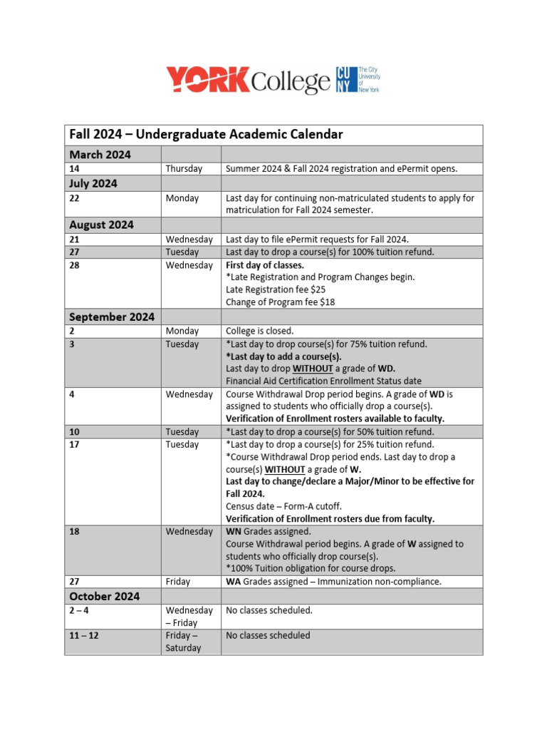 Fall 2024 Undergraduate Grid Academic Calendar - 6.27.24 | PDF ...