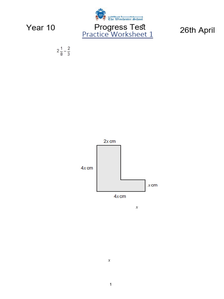 Y10 Maths - Progress Test - Practice Worksheet 1 - QP | PDF ...