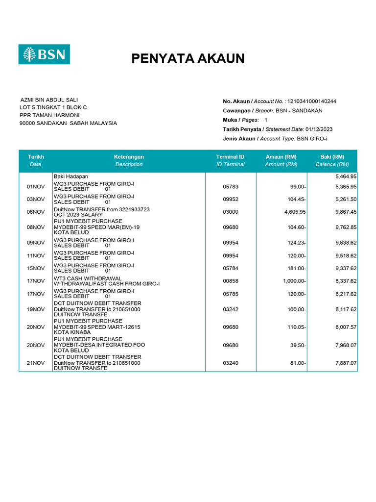 BSN 1210341000140244 2023 Nov | PDF | Debit Card | Banking