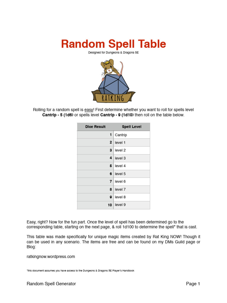 D&D 5E Random Spell Table | PDF