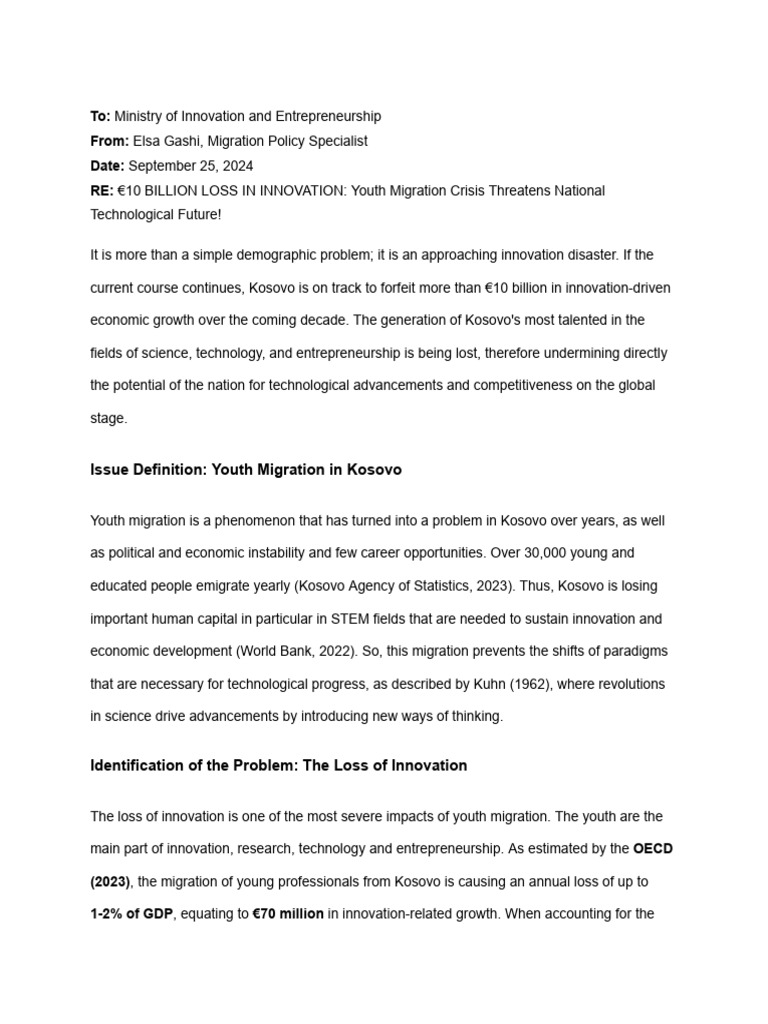 Loss of Innovation Caused by Youth Migration Memo - Elsa Gashi | PDF ...