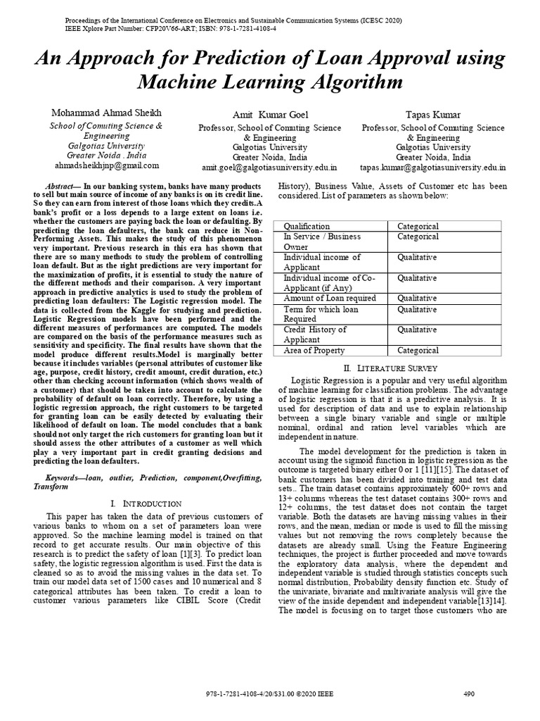 75.an Approach For Prediction of Loan Approval Using | PDF | Logistic Regression | Regression ...