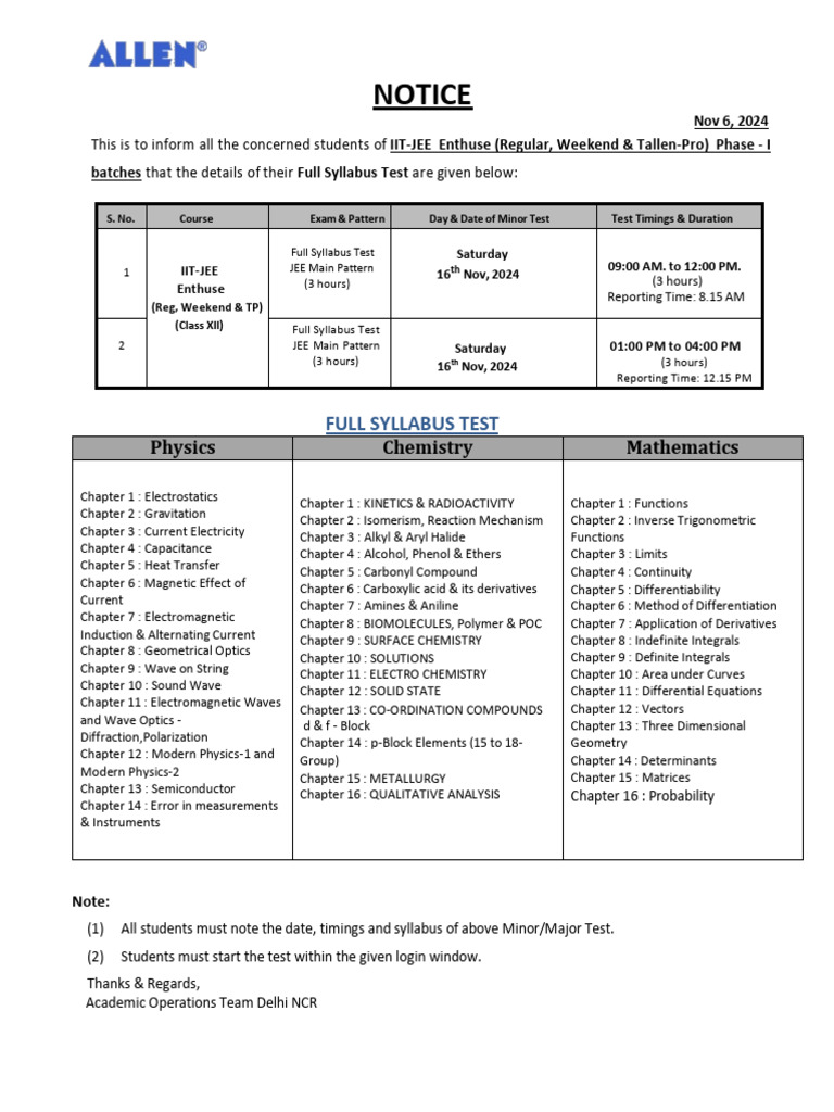 IIT-JEE Full Syllabus Test Details | PDF | Applied And ...