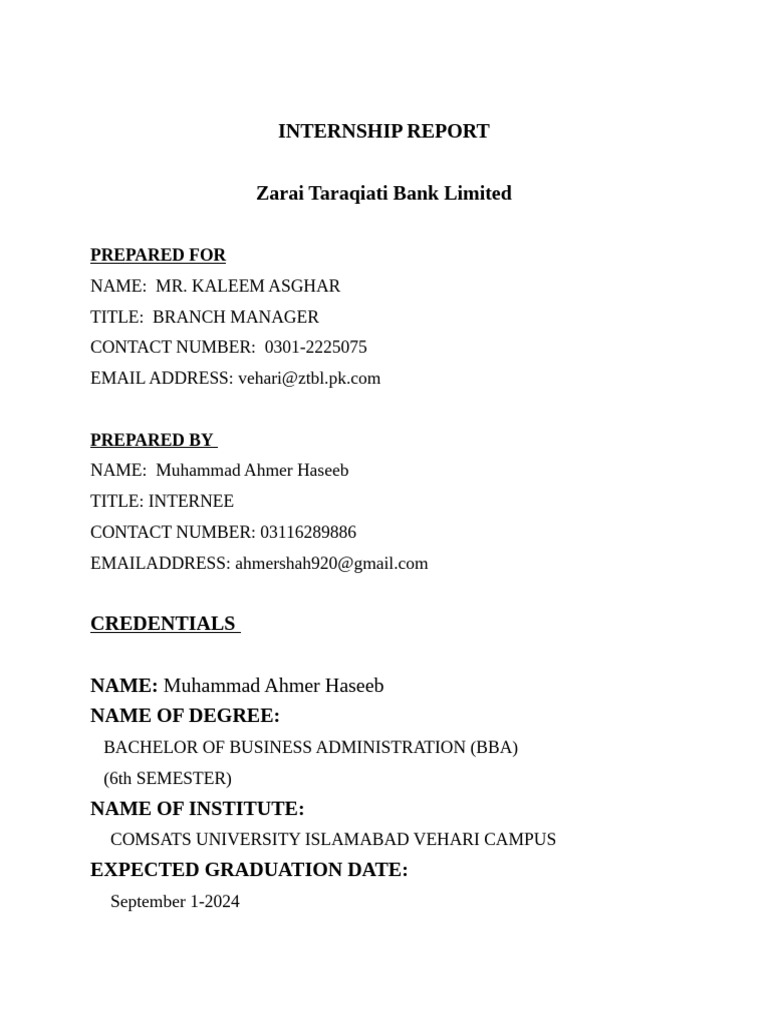 ZTBL Internship Report by Ahmer | PDF | Banks | Loans