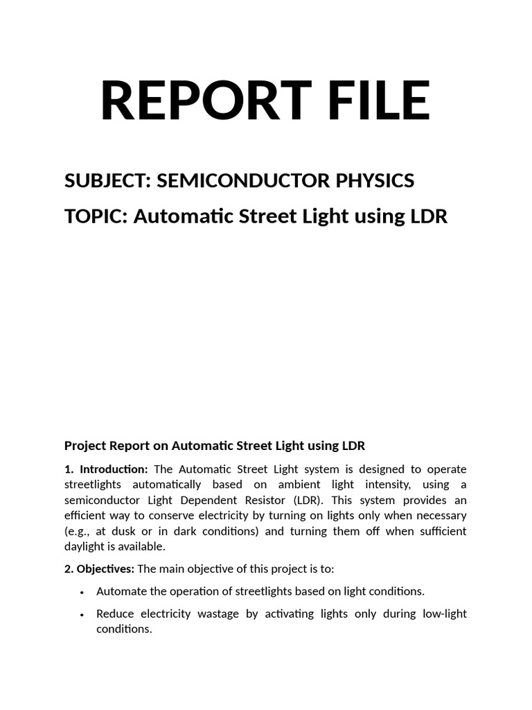Project Report On Automatic Street Light Using LDR | PDF | Street Light ...