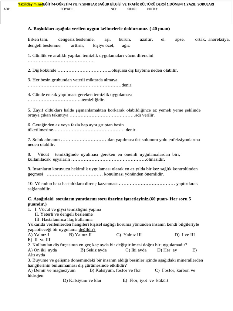 Saglikbilgisi-9. Sınıf Sinav | PDF