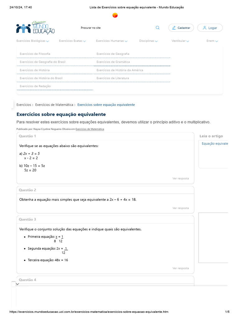Exercícios sobre Equações Equivalentes | PDF | Equações | Matemática