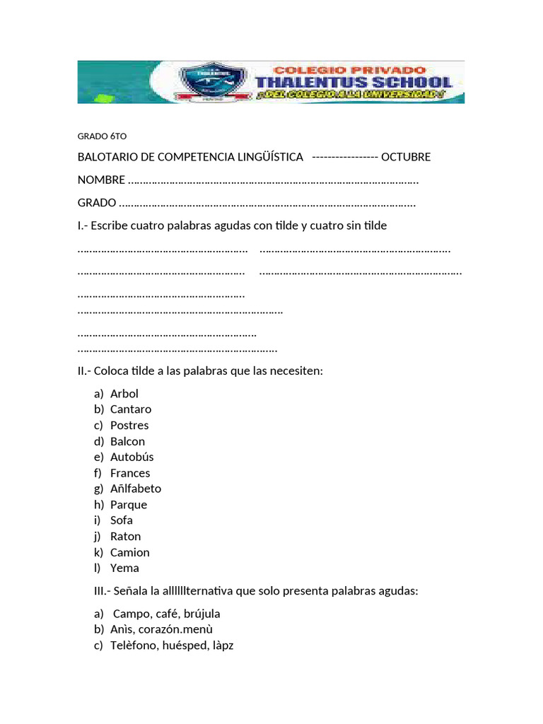 Balotario Competencia Linguistica Grado 6t0 Octubre | PDF | Adjetivo | Mecánica del lenguaje