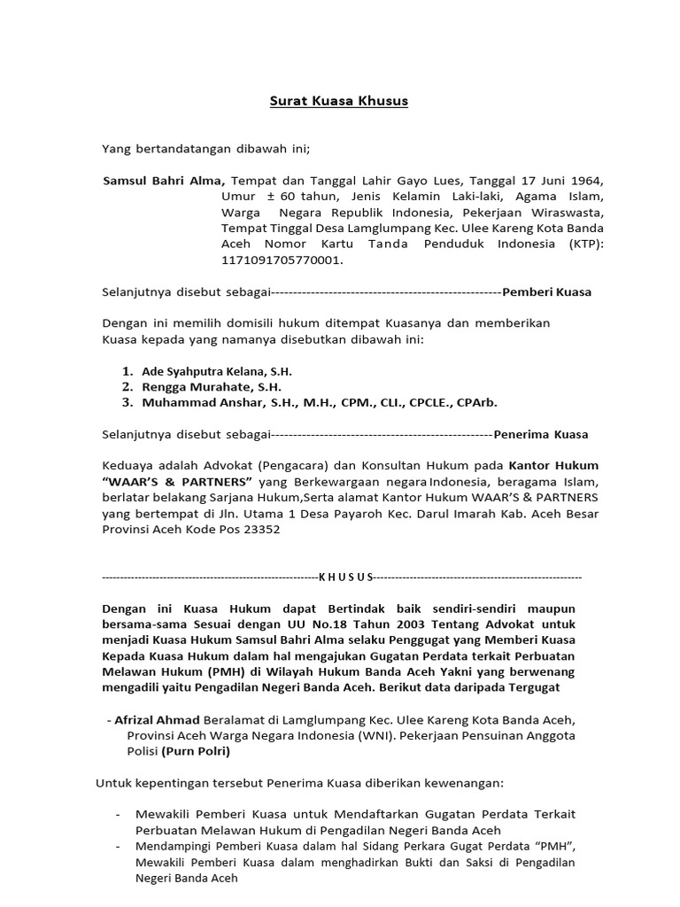 Surat Kuasa Khusus Pak Samsul (Kasus Penyerobotan Tanah Di Ulee Kareng) | PDF | Hukum