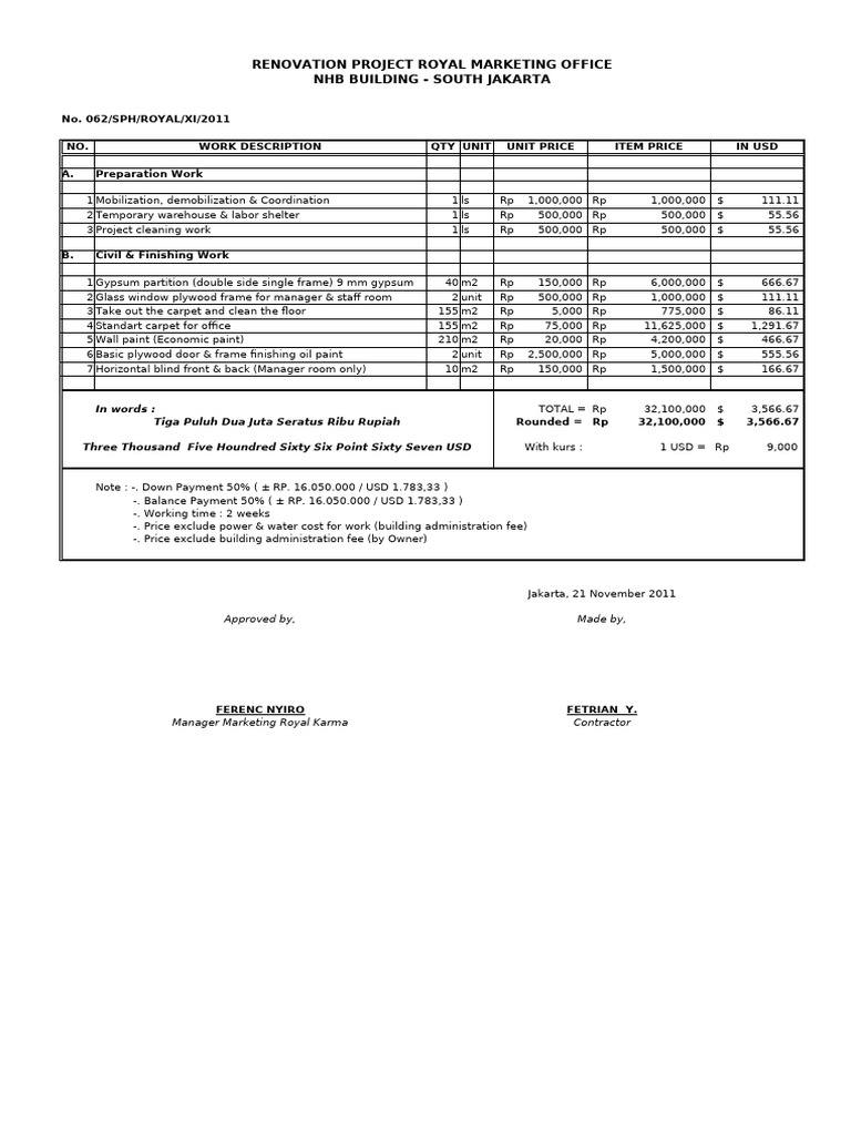 Basic Quotation Royal Marketing at Melawai Rev 21-11-11 A | PDF | Indonesian Rupiah ...