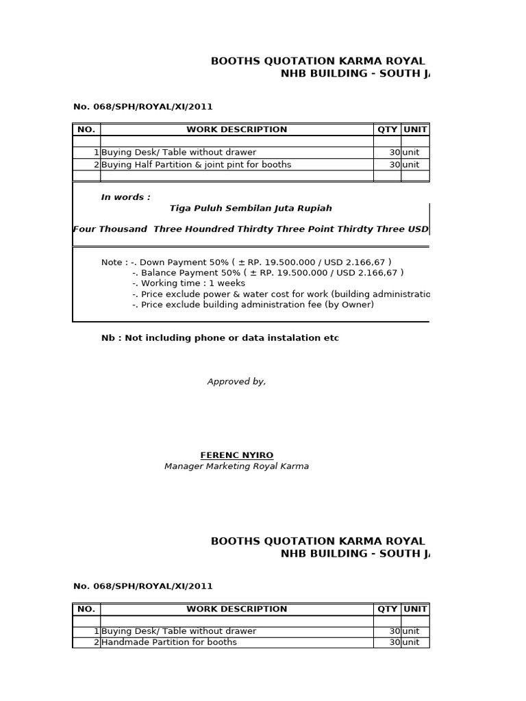 Booths Quotation Royal Marketing at Melawai Rev 24-11-11 | PDF | Indonesian Rupiah | Financial ...