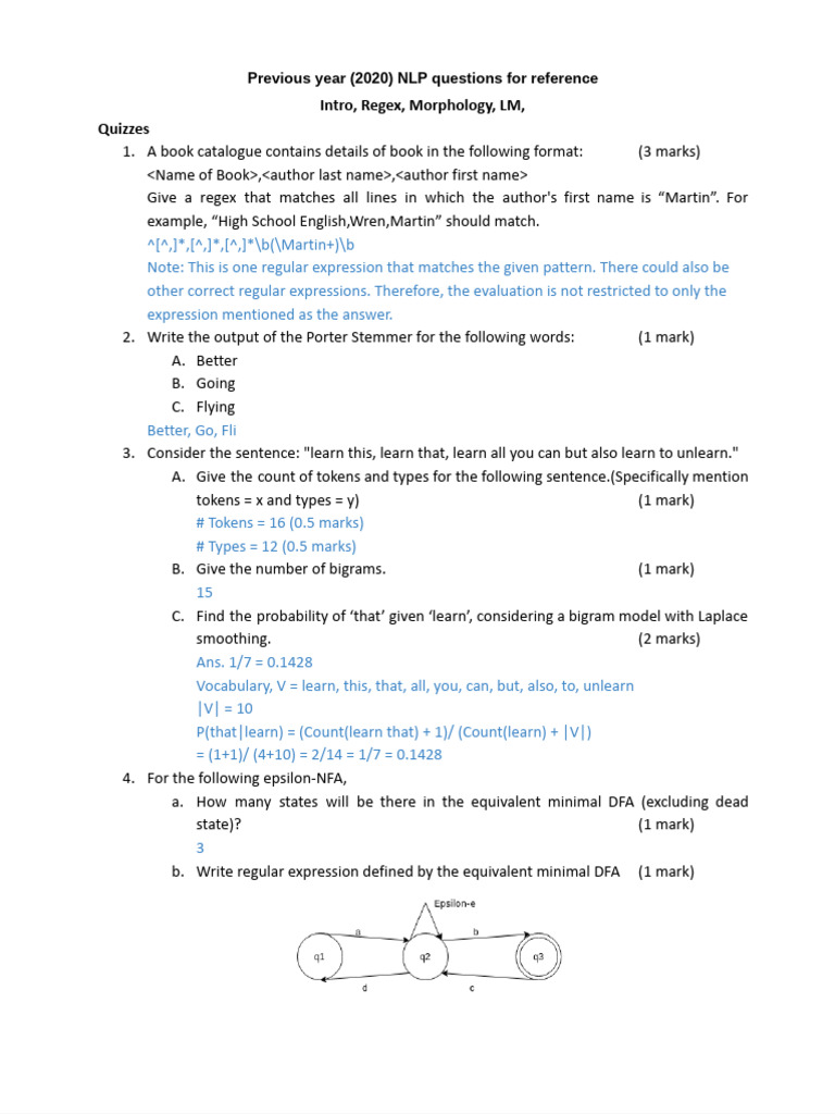 NLP-2021-LastYr-NLP-Questions-RegEx, LM, Morphology | PDF