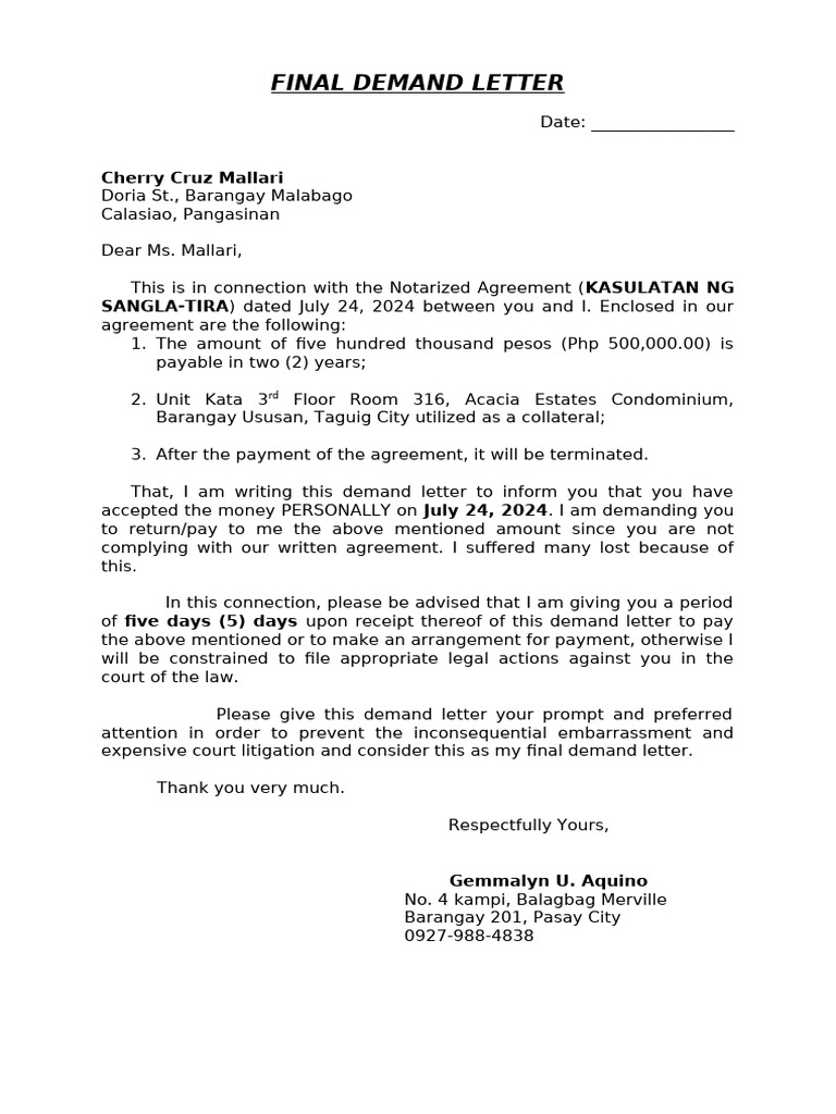 DEMAND LETTER Gemma Aquino | PDF