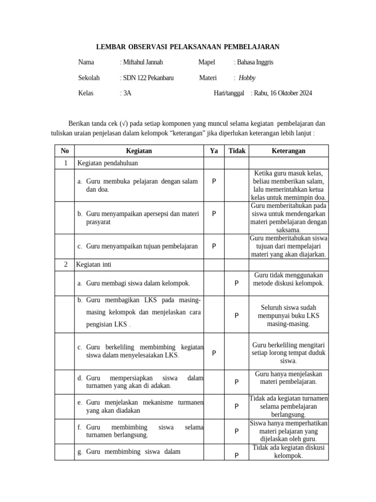 Lembar Observasi Pelaksanaan Pembelajaran Miftha | PDF
