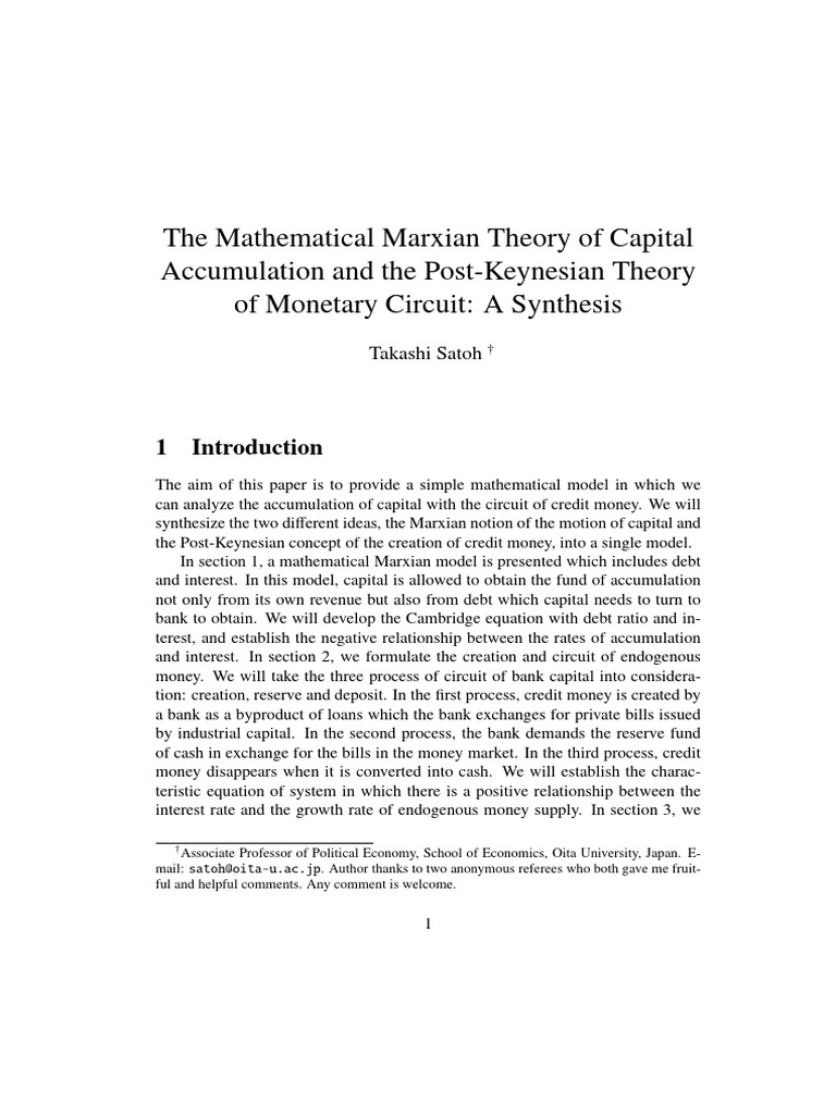 SATOH The Mathematical Marxian Theory of Capital Accumulation | PDF | Interest | Banks