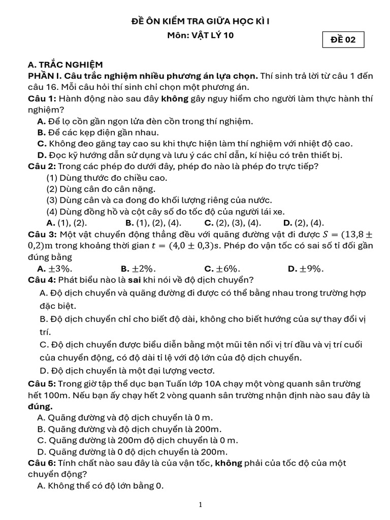 Đề 2 - Ôn tập GK1 lí 10 | PDF
