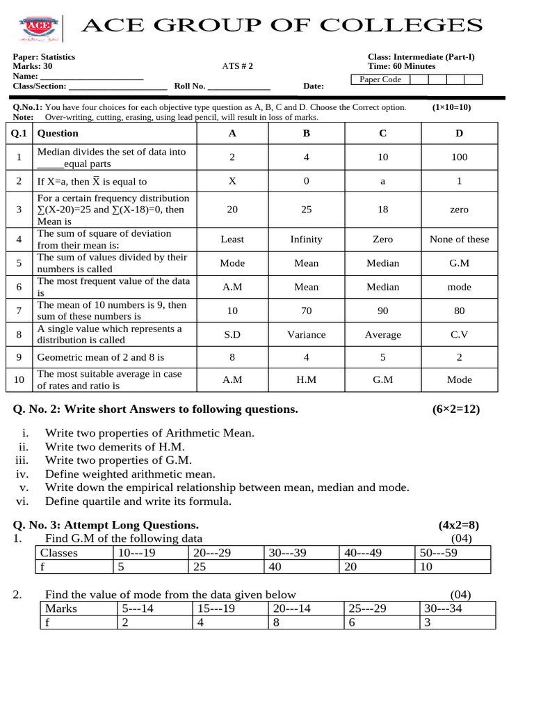 ICS Stat 1st Year 2nd Ats | PDF | Mean | Median