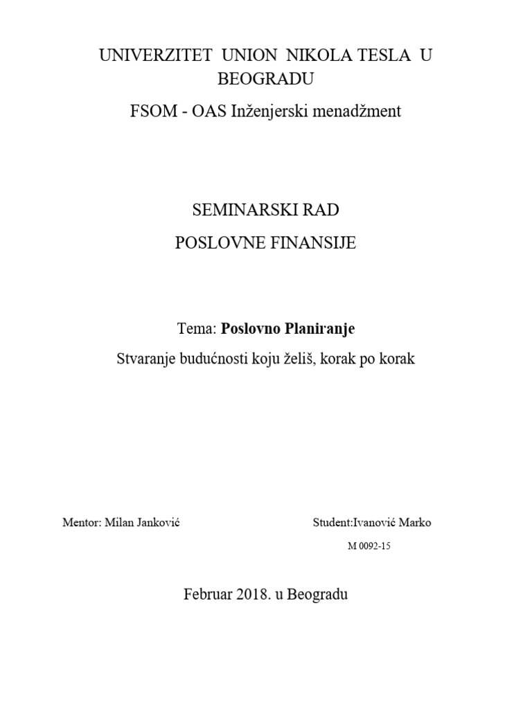 Poslovne Finansije - Seminarski Rad - Ivanovic Marko | PDF