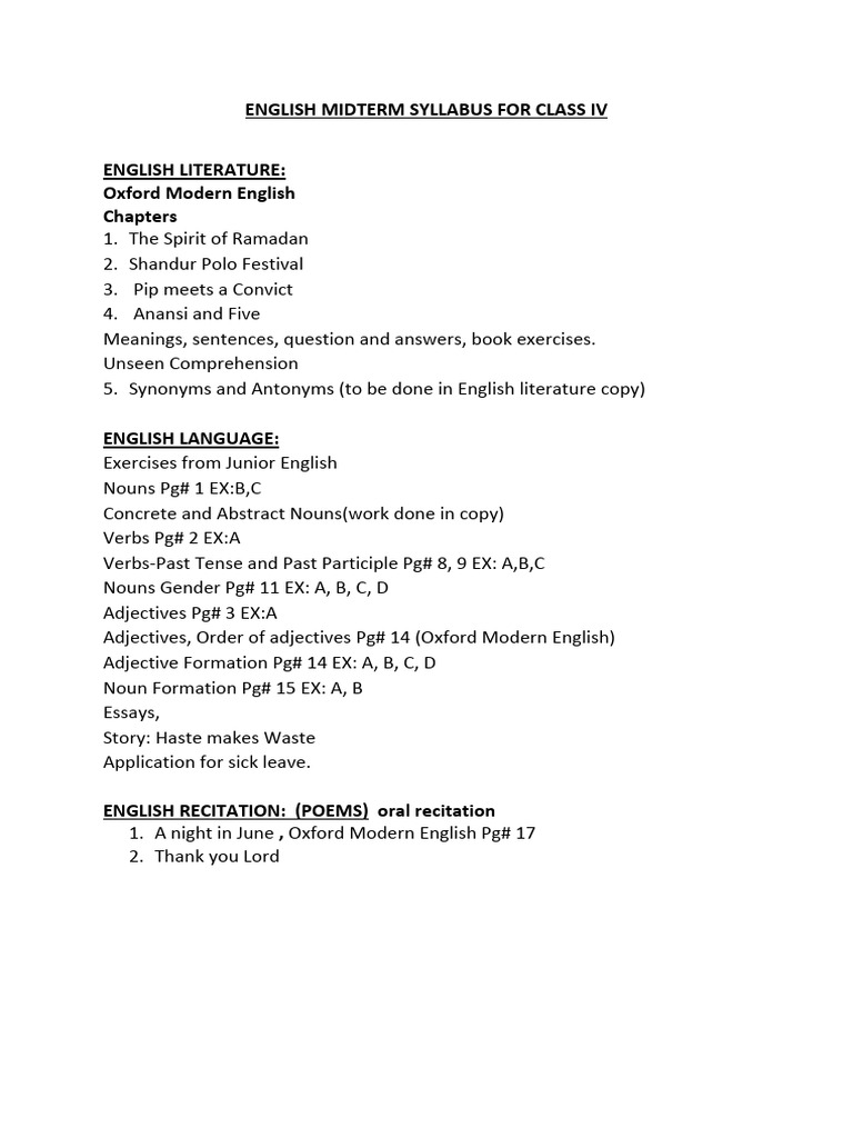 English Midterm Syllabus For Class IV-2 | PDF | Language Arts ...