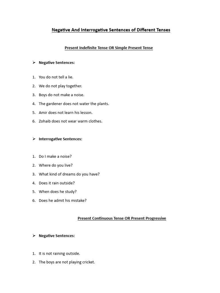 Negative and Interrogative Sentences of Different Tenses | PDF | Wellness