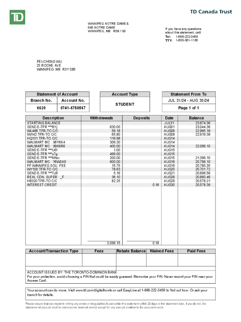 TD Every Day Chequing Account 6620-6758567 Jul 31-Aug 30 2024 | PDF ...