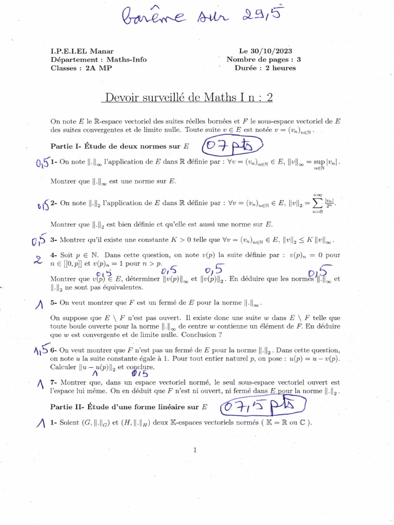 Devoir Surveillé 2 de Maths I 2023 Barème | PDF