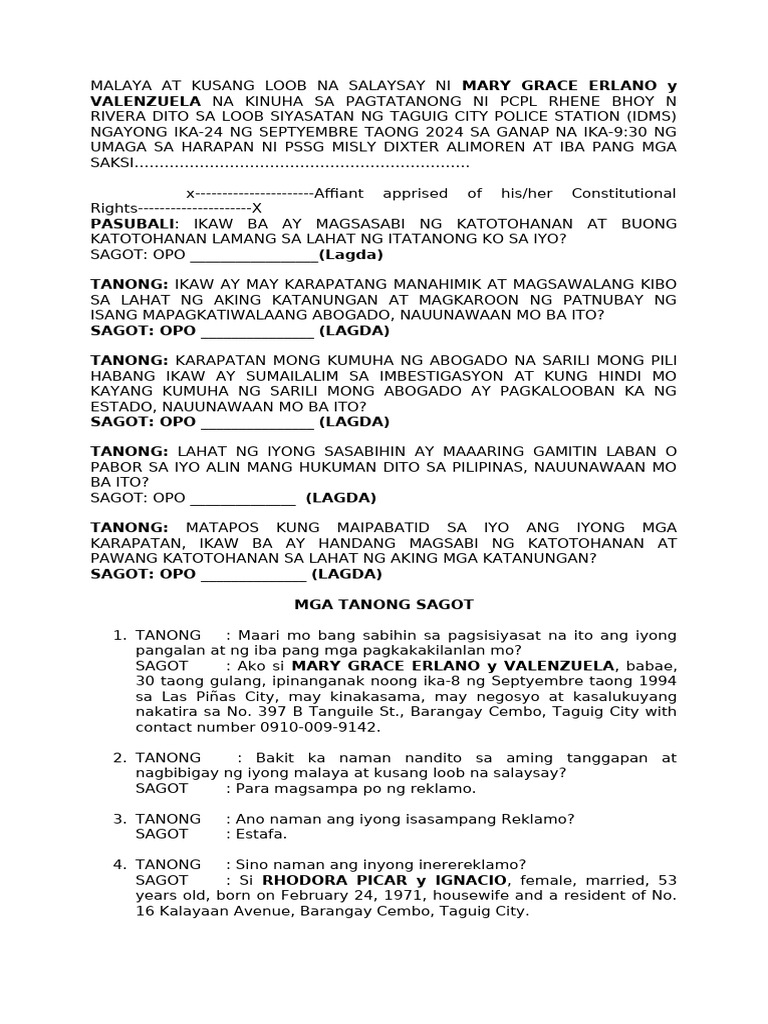Malaya at Kusang Loob Na Salaysay | PDF