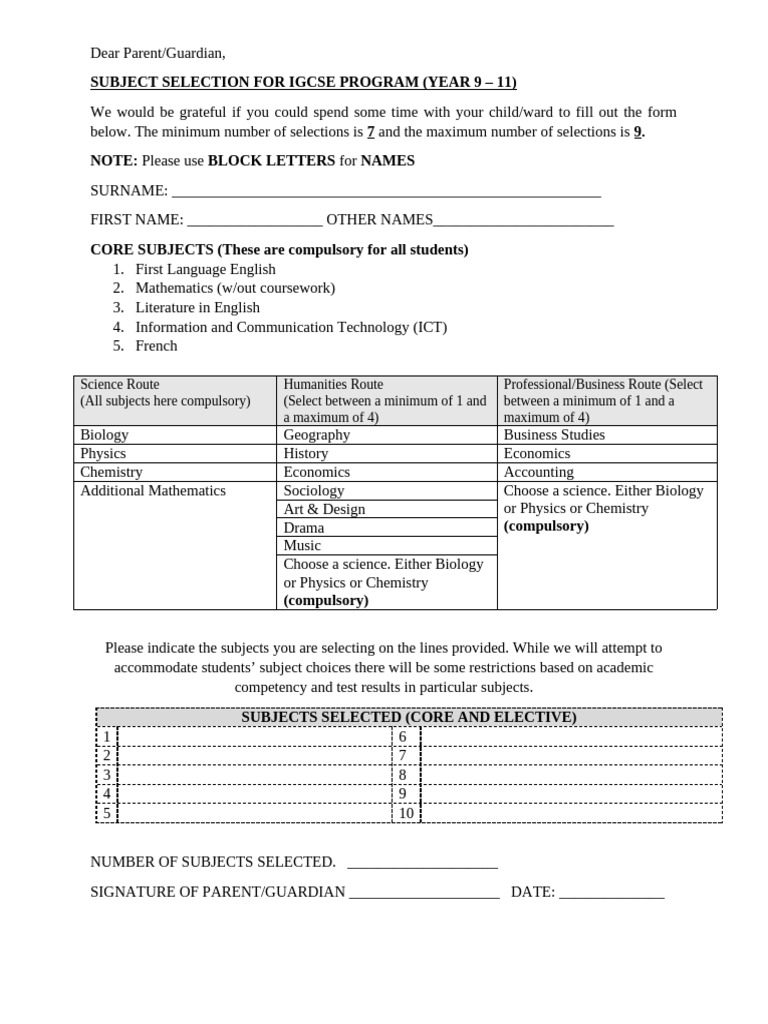 Igcse Subjects Selection Form | PDF