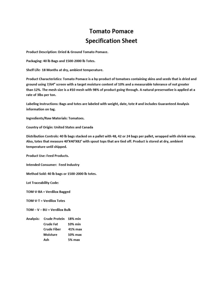Tomato Spec Sheet 2019-2020 | PDF