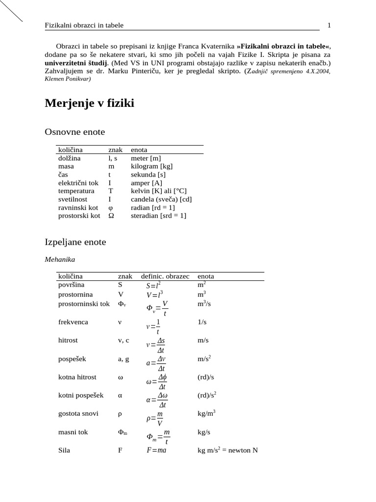 Fiz Sno Fizikalne Formule in Tabele 01 | PDF
