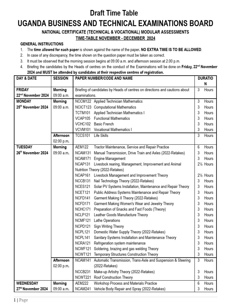 Draft Time Table For Modular National Technical Certificate Nov-Dec ...