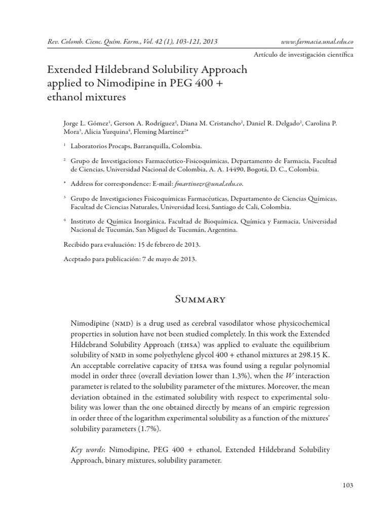 Extended Hildebrand Solubility Approach Applied To Nimodipine in PEG ...